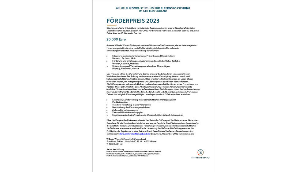 Wilhelm Woort-Stiftung für Alternsforschung schreibt Förderpreis aus ...